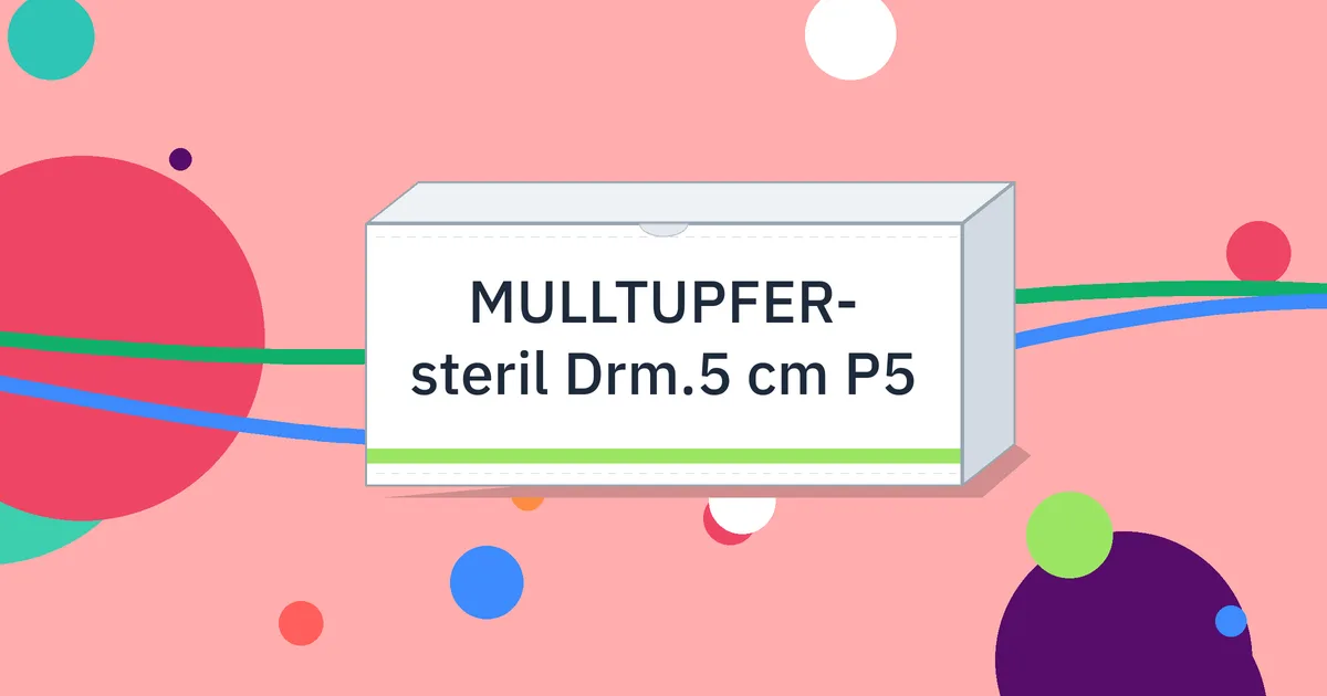 Symbolbild: Packung mit der Aufschrift MULLTUPFER-steril Drm.5 cm P5 (PZN 18307147) – Verfügbarkeit und Bezug in Apotheken in Frankfurt am Main
