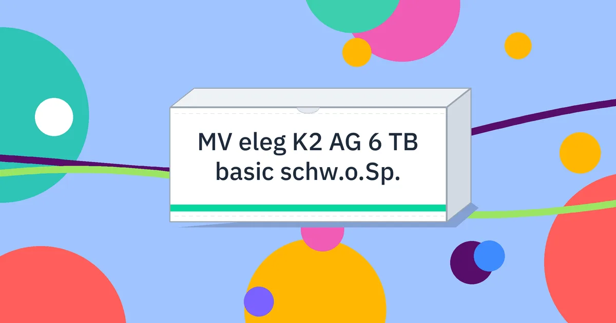Symbolbild: Packung mit der Aufschrift MV eleg K2 AG 6 TB basic schw.o.Sp. (PZN 00221296) – Verfügbarkeit und Bezug in Apotheken in Frankfurt am Main