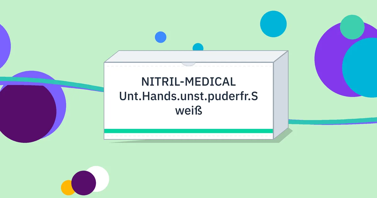 Symbolbild: Packung mit der Aufschrift NITRIL-MEDICAL Unt.Hands.unst.puderfr.S weiß (PZN 18408279) – Verfügbarkeit und Bezug in Apotheken in Frankfurt am Main