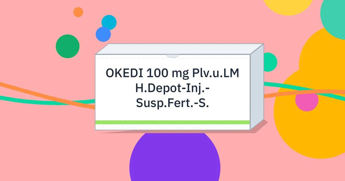 Symbolbild: Packung mit der Aufschrift OKEDI 100 mg Plv.u.LM H.Depot-Inj.-Susp.Fert.-S. (PZN 18725985) – Verfügbarkeit und Bezug in Apotheken in Frankfurt am Main