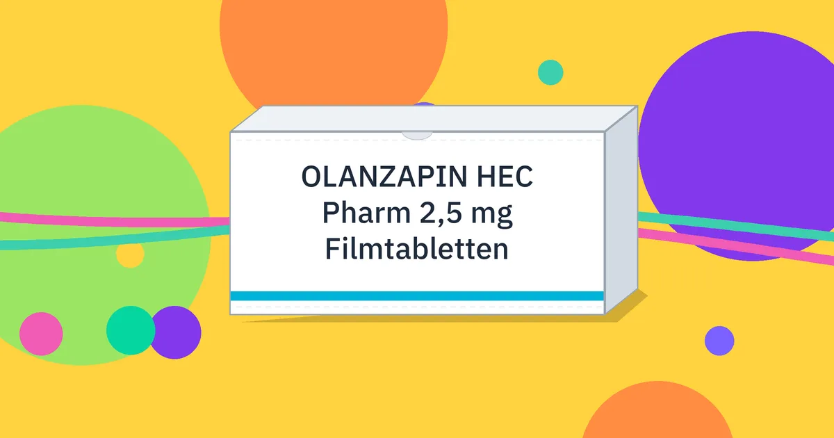 Symbolbild: Packung mit der Aufschrift OLANZAPIN HEC Pharm 2,5 mg Filmtabletten (PZN 11882670) – Verfügbarkeit und Bezug in Apotheken in Frankfurt am Main