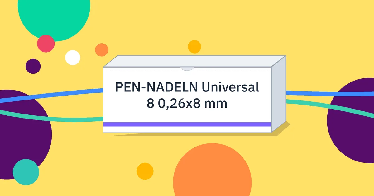 Symbolbild: Packung mit der Aufschrift PEN-NADELN Universal 8 0,26x8 mm (PZN 09096094) – Verfügbarkeit und Bezug in Apotheken in Frankfurt am Main