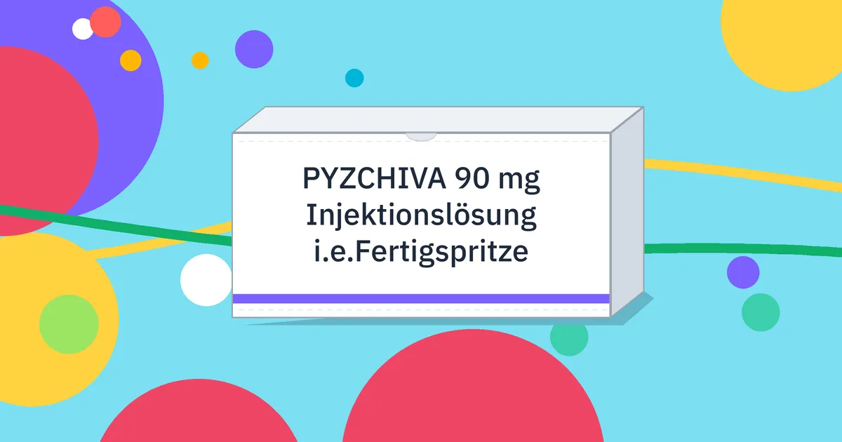 Symbolbild: Packung mit der Aufschrift PYZCHIVA 90 mg Injektionslösung i.e.Fertigspritze (PZN 19846395) – Verfügbarkeit und Bezug in Apotheken in Frankfurt am Main