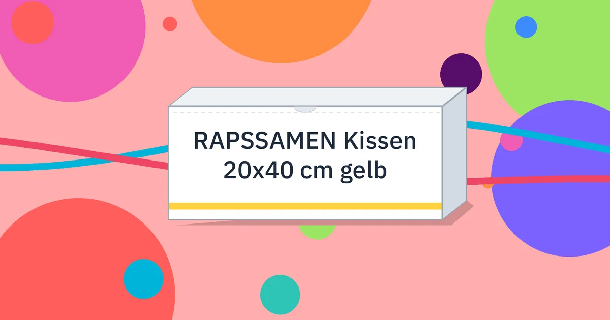 Symbolbild: Packung mit der Aufschrift RAPSSAMEN Kissen 20x40 cm gelb (PZN 05452681) – Verfügbarkeit und Bezug in Apotheken in Frankfurt am Main