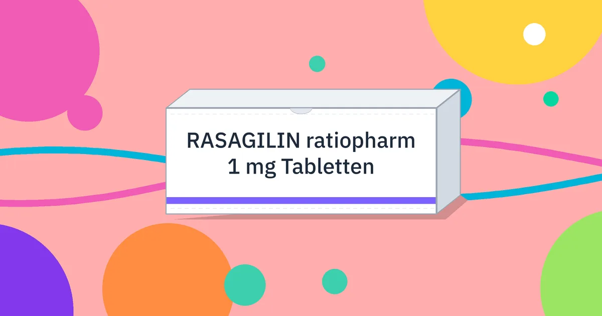 Symbolbild: Packung mit der Aufschrift RASAGILIN ratiopharm 1 mg Tabletten (PZN 19054607) – Verfügbarkeit und Bezug in Apotheken in Frankfurt am Main
