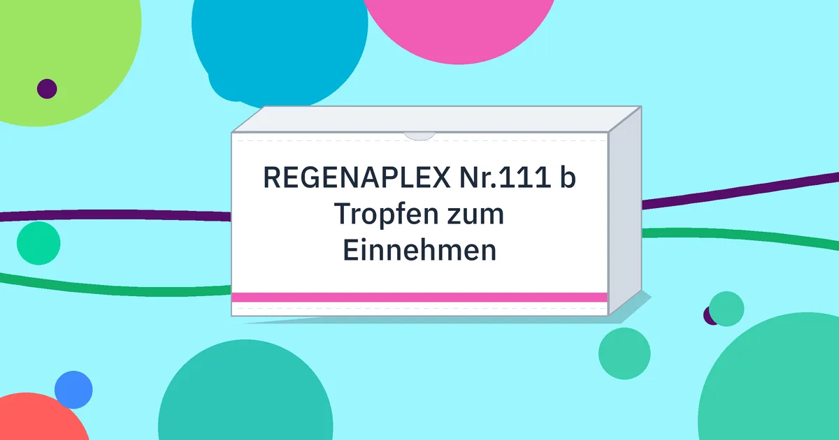 Symbolbild: Packung mit der Aufschrift REGENAPLEX Nr.111 b Tropfen zum Einnehmen (PZN 02643653) – Verfügbarkeit und Bezug in Apotheken in Frankfurt am Main
