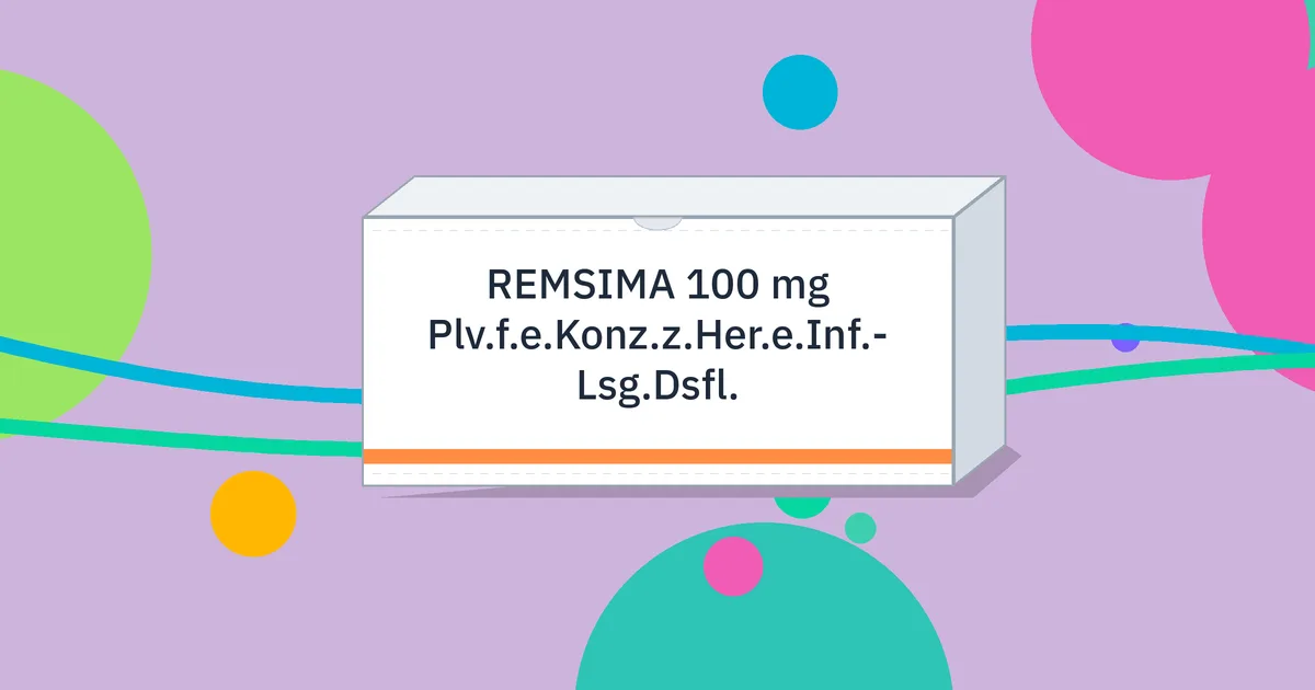 Symbolbild: Packung mit der Aufschrift REMSIMA 100 mg Plv.f.e.Konz.z.Her.e.Inf.-Lsg.Dsfl. (PZN 16743772) – Verfügbarkeit und Bezug in Apotheken in Frankfurt am Main