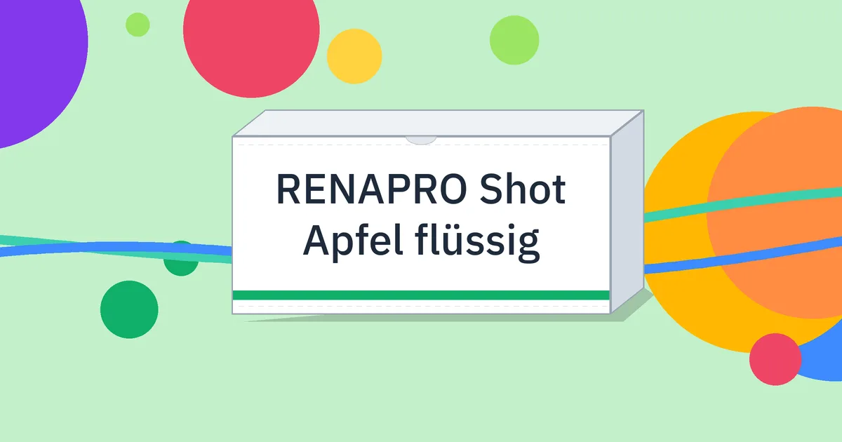 Symbolbild: Packung mit der Aufschrift RENAPRO Shot Apfel flüssig (PZN 13569598) – Verfügbarkeit und Bezug in Apotheken in Frankfurt am Main