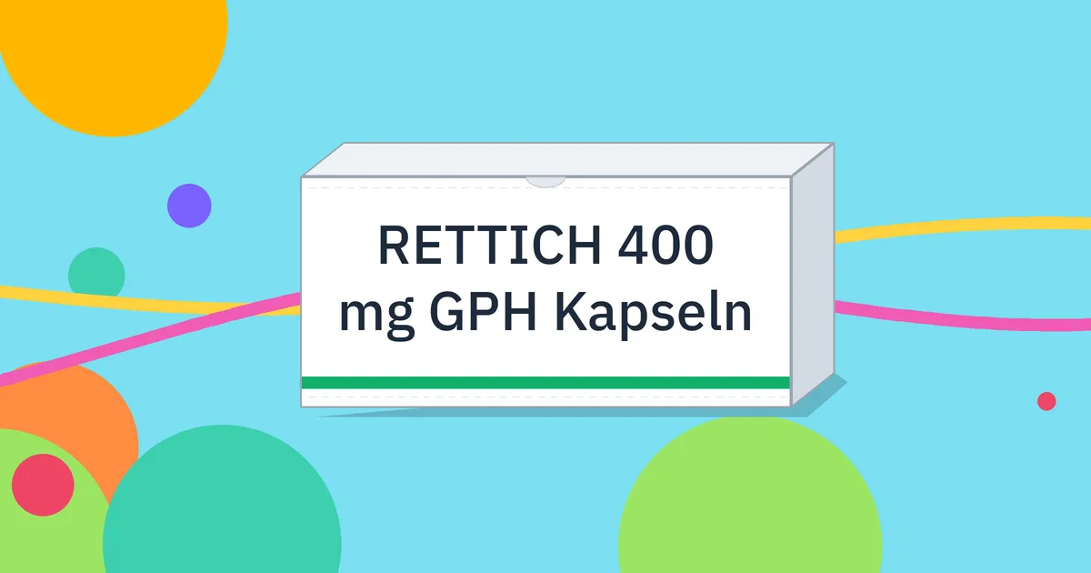 Symbolbild: Packung mit der Aufschrift RETTICH 400 mg GPH Kapseln (PZN 00129633) – Verfügbarkeit und Bezug in Apotheken in Frankfurt am Main