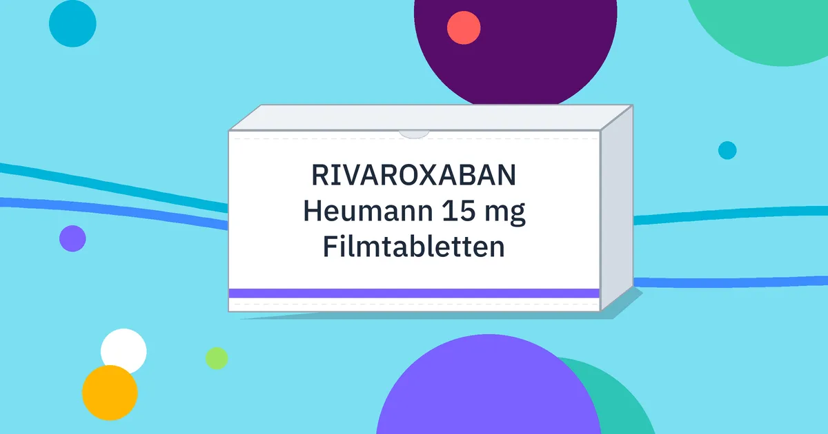 Symbolbild: Packung mit der Aufschrift RIVAROXABAN Heumann 15 mg Filmtabletten (PZN 18840634) – Verfügbarkeit und Bezug in Apotheken in Frankfurt am Main