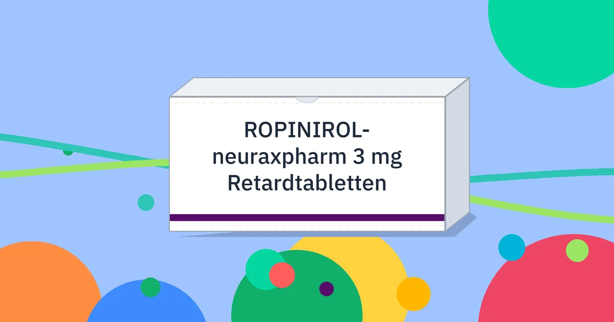 Symbolbild: Packung mit der Aufschrift ROPINIROL-neuraxpharm 3 mg Retardtabletten (PZN 09228667) – Verfügbarkeit und Bezug in Apotheken in Frankfurt am Main