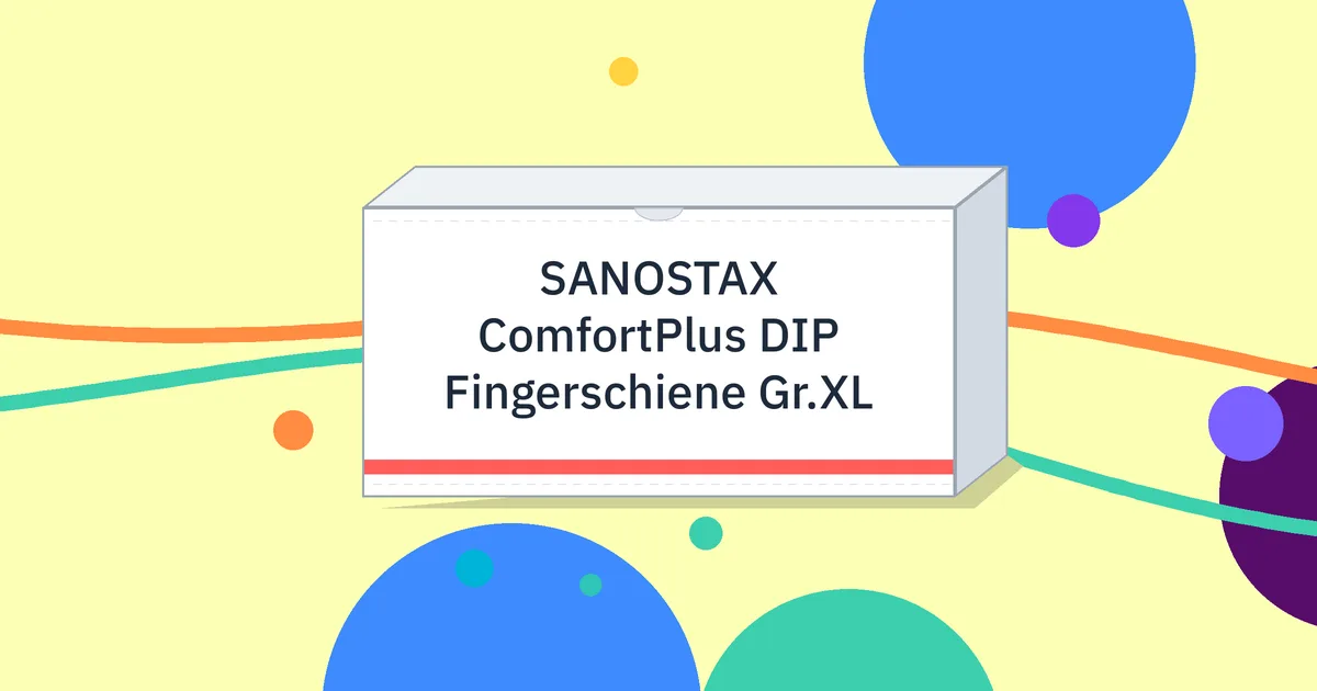 Symbolbild: Packung mit der Aufschrift SANOSTAX ComfortPlus DIP Fingerschiene Gr.XL (PZN 13159328) – Verfügbarkeit und Bezug in Apotheken in Frankfurt am Main