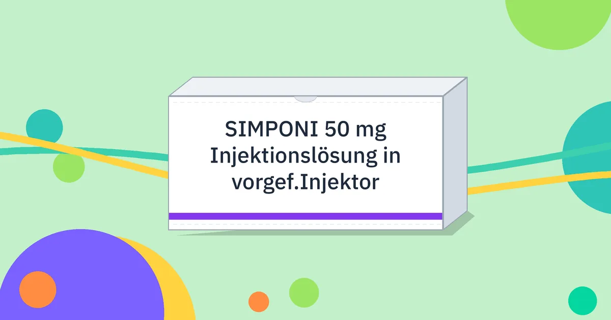 Symbolbild: Packung mit der Aufschrift SIMPONI 50 mg Injektionslösung in vorgef.Injektor (PZN 07693348) – Verfügbarkeit und Bezug in Apotheken in Frankfurt am Main