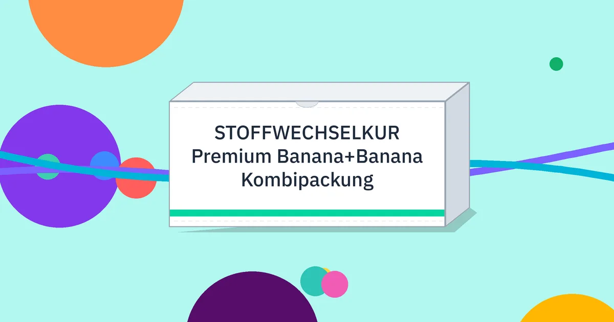 Symbolbild: Packung mit der Aufschrift STOFFWECHSELKUR Premium Banana+Banana Kombipackung (PZN 14044277) – Verfügbarkeit und Bezug in Apotheken in Frankfurt am Main