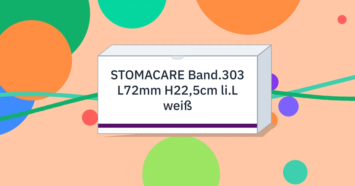 Symbolbild: Packung mit der Aufschrift STOMACARE Band.303 L72mm H22,5cm li.L weiß (PZN 03414759) – Verfügbarkeit und Bezug in Apotheken in Frankfurt am Main