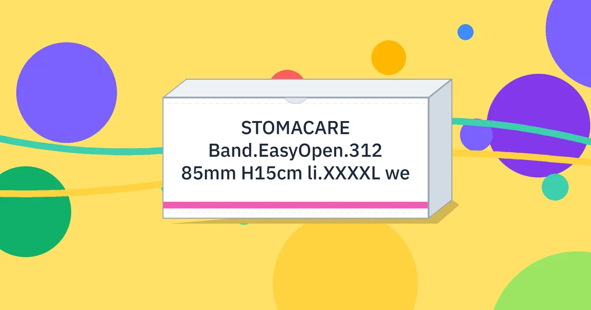 Symbolbild: Packung mit der Aufschrift STOMACARE Band.EasyOpen.312 85mm H15cm li.XXXXL we (PZN 09437744) – Verfügbarkeit und Bezug in Apotheken in Frankfurt am Main
