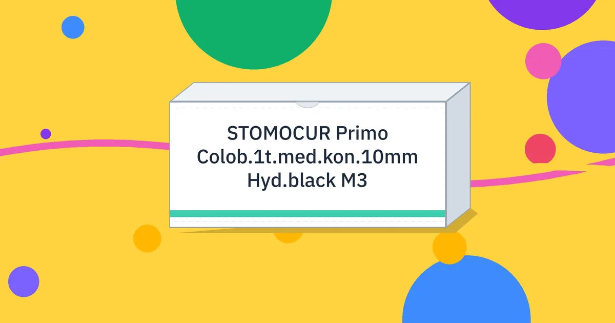Symbolbild: Packung mit der Aufschrift STOMOCUR Primo Colob.1t.med.kon.10mm Hyd.black M3 (PZN 19536708) – Verfügbarkeit und Bezug in Apotheken in Frankfurt am Main