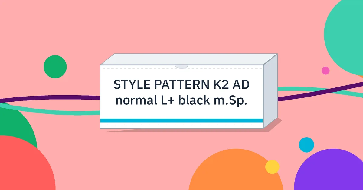 Symbolbild: Packung mit der Aufschrift STYLE PATTERN K2 AD normal L+ black m.Sp. (PZN 19695370) – Verfügbarkeit und Bezug in Apotheken in Frankfurt am Main