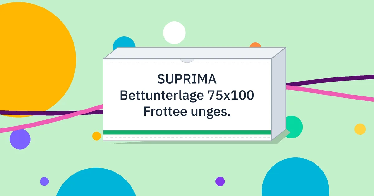 Symbolbild: Packung mit der Aufschrift SUPRIMA Bettunterlage 75x100 Frottee unges. (PZN 03813212) – Verfügbarkeit und Bezug in Apotheken in Frankfurt am Main