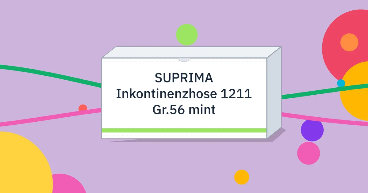 Symbolbild: Packung mit der Aufschrift SUPRIMA Inkontinenzhose 1211 Gr.56 mint (PZN 07633085) – Verfügbarkeit und Bezug in Apotheken in Frankfurt am Main