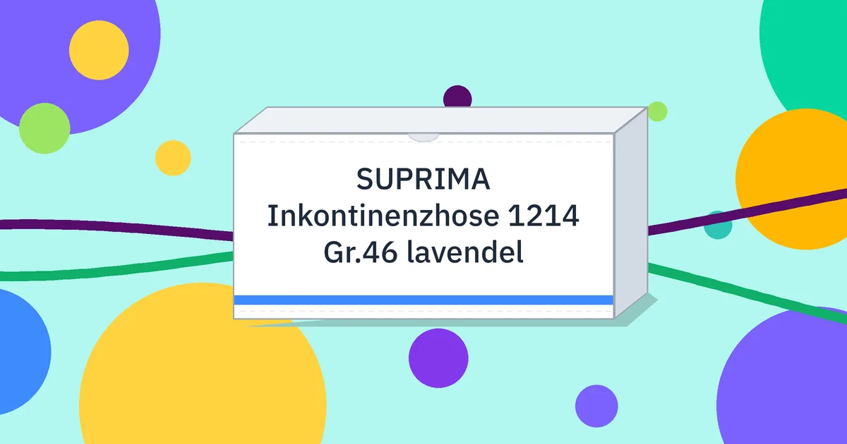 Symbolbild: Packung mit der Aufschrift SUPRIMA Inkontinenzhose 1214 Gr.46 lavendel (PZN 02852322) – Verfügbarkeit und Bezug in Apotheken in Frankfurt am Main