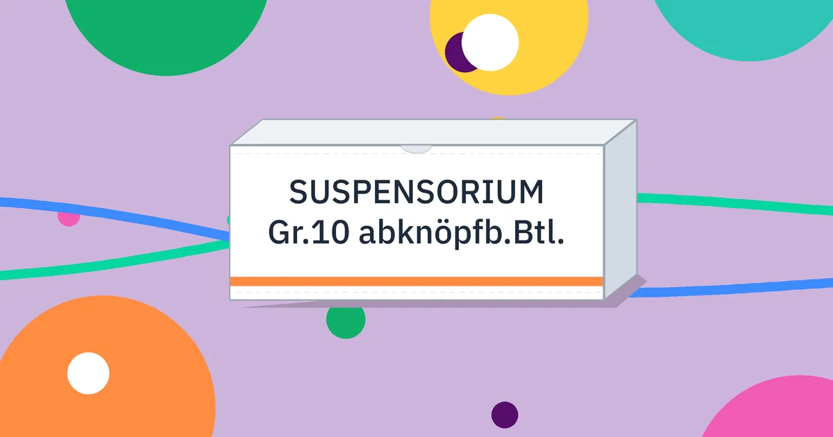 Symbolbild: Packung mit der Aufschrift SUSPENSORIUM Gr.10 abknöpfb.Btl. (PZN 01739368) – Verfügbarkeit und Bezug in Apotheken in Frankfurt am Main