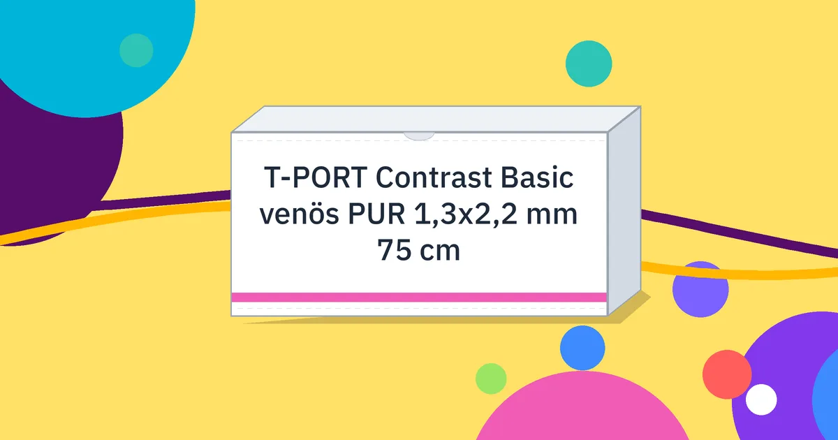 Symbolbild: Packung mit der Aufschrift T-PORT Contrast Basic venös PUR 1,3x2,2 mm 75 cm (PZN 07591004) – Verfügbarkeit und Bezug in Apotheken in Frankfurt am Main