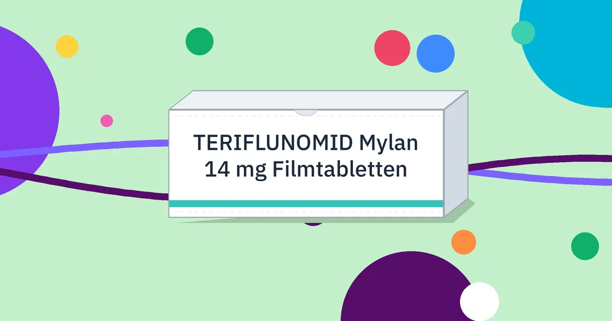 Symbolbild: Packung mit der Aufschrift TERIFLUNOMID Mylan 14 mg Filmtabletten (PZN 19350346) – Verfügbarkeit und Bezug in Apotheken in Frankfurt am Main