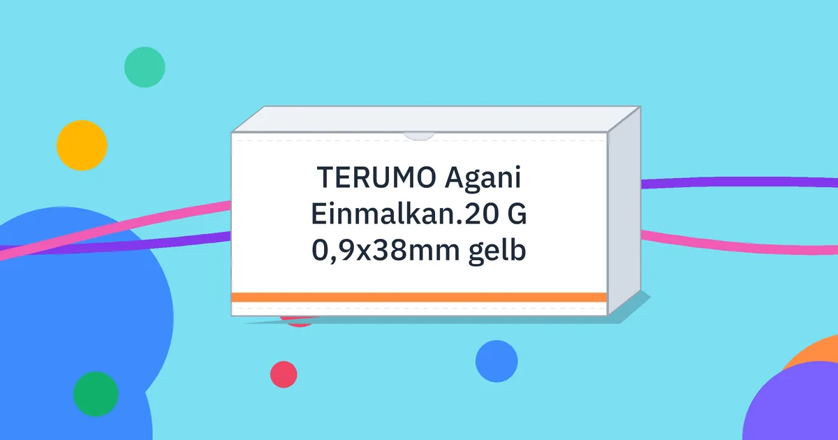 Symbolbild: Packung mit der Aufschrift TERUMO Agani Einmalkan.20 G 0,9x38mm gelb (PZN 11609856) – Verfügbarkeit und Bezug in Apotheken in Frankfurt am Main