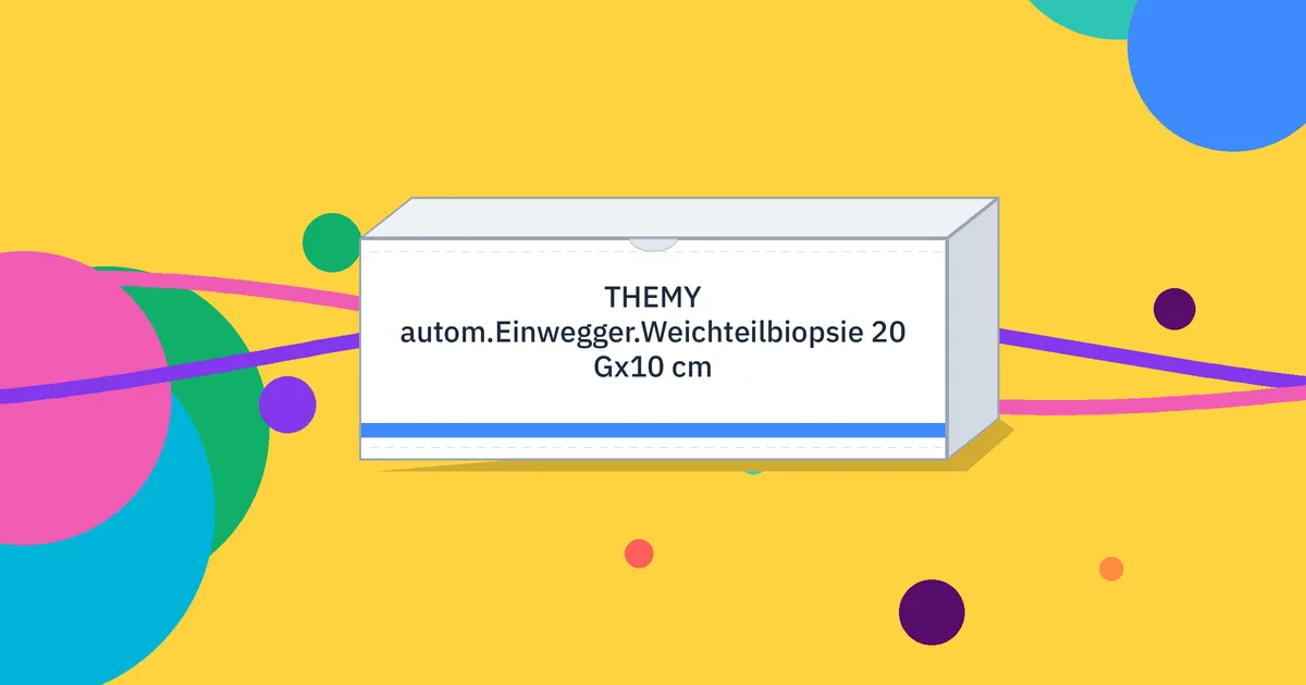 Symbolbild: Packung mit der Aufschrift THEMY autom.Einwegger.Weichteilbiopsie 20 Gx10 cm (PZN 19737507) – Verfügbarkeit und Bezug in Apotheken in Frankfurt am Main