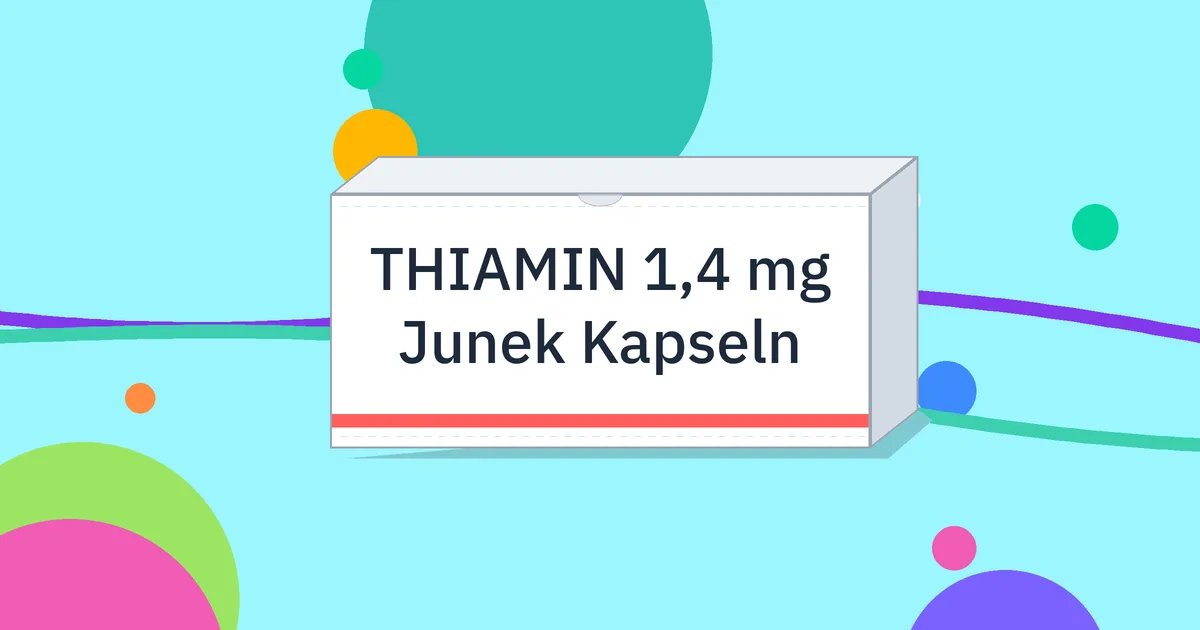 Symbolbild: Packung mit der Aufschrift THIAMIN 1,4 mg Junek Kapseln (PZN 20281449) – Verfügbarkeit und Bezug in Apotheken in Frankfurt am Main