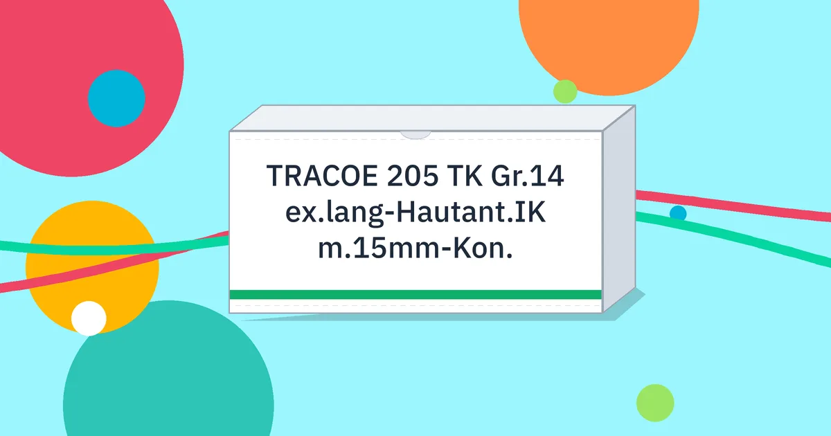 Symbolbild: Packung mit der Aufschrift TRACOE 205 TK Gr.14 ex.lang-Hautant.IK m.15mm-Kon. (PZN 00919909) – Verfügbarkeit und Bezug in Apotheken in Frankfurt am Main