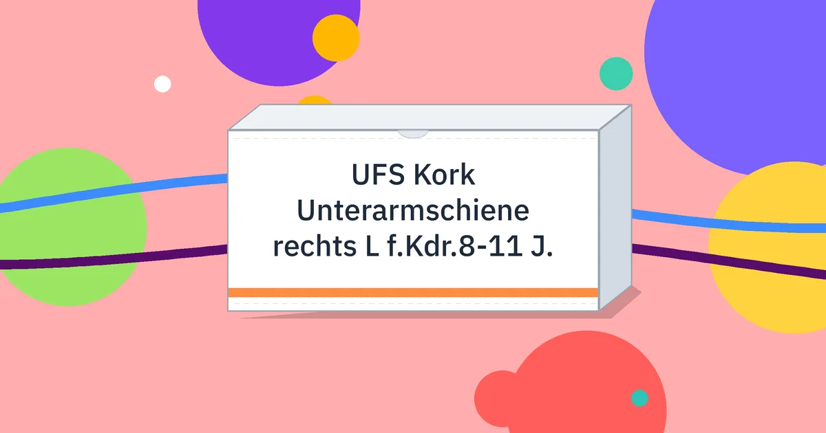 Symbolbild: Packung mit der Aufschrift UFS Kork Unterarmschiene rechts L f.Kdr.8-11 J. (PZN 04810552) – Verfügbarkeit und Bezug in Apotheken in Frankfurt am Main