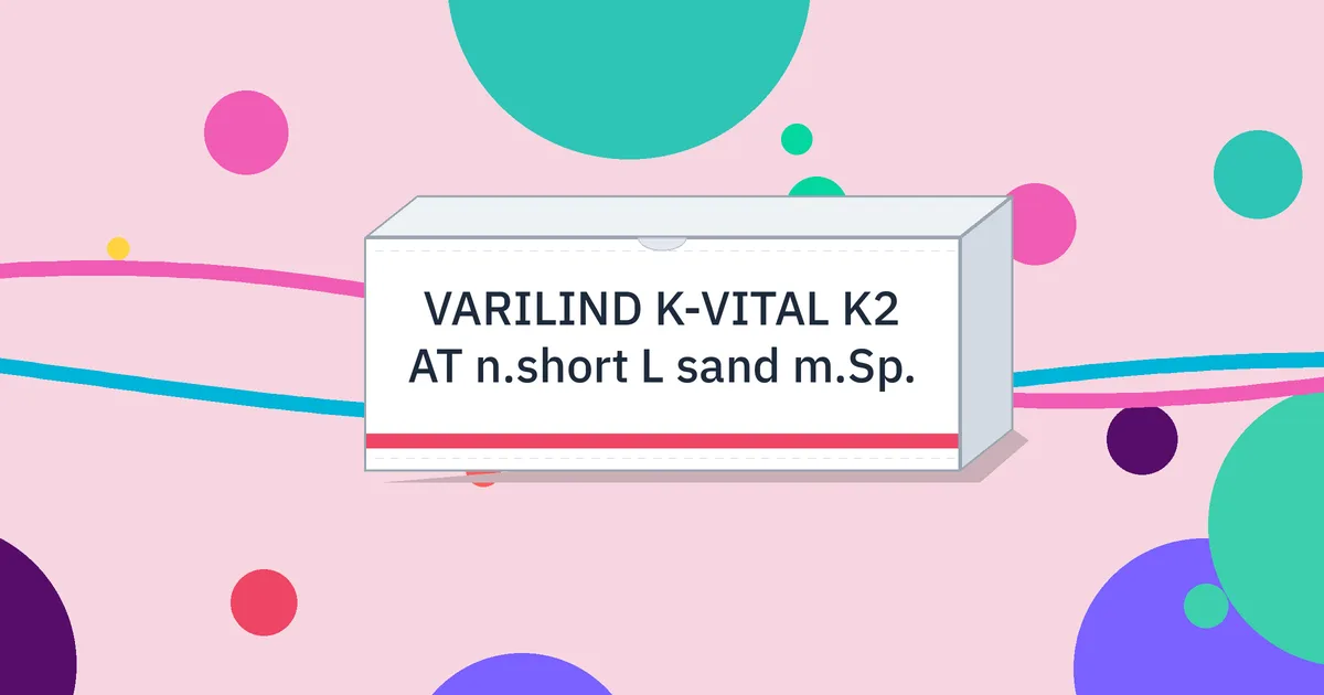 Symbolbild: Packung mit der Aufschrift VARILIND K-VITAL K2 AT n.short L sand m.Sp. (PZN 20561114) – Verfügbarkeit und Bezug in Apotheken in Frankfurt am Main