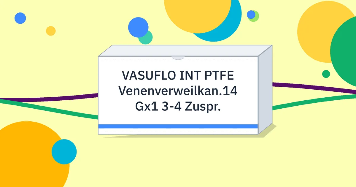Symbolbild: Packung mit der Aufschrift VASUFLO INT PTFE Venenverweilkan.14 Gx1 3-4 Zuspr. (PZN 18387011) – Verfügbarkeit und Bezug in Apotheken in Frankfurt am Main