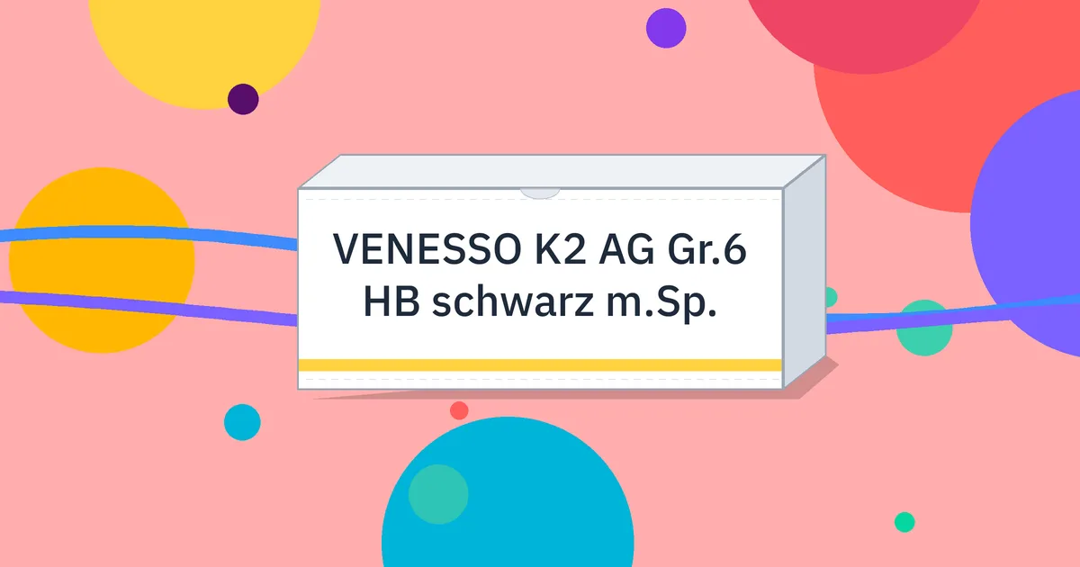 Symbolbild: Packung mit der Aufschrift VENESSO K2 AG Gr.6 HB schwarz m.Sp. (PZN 03264403) – Verfügbarkeit und Bezug in Apotheken in Frankfurt am Main