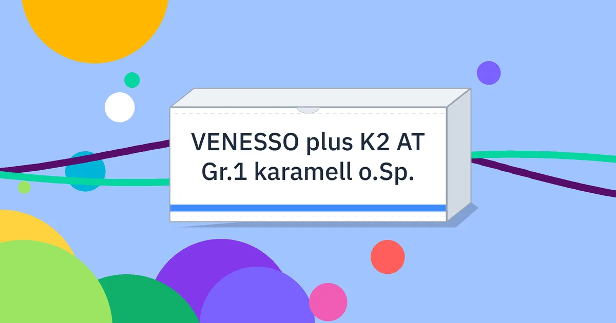 Symbolbild: Packung mit der Aufschrift VENESSO plus K2 AT Gr.1 karamell o.Sp. (PZN 13758632) – Verfügbarkeit und Bezug in Apotheken in Frankfurt am Main