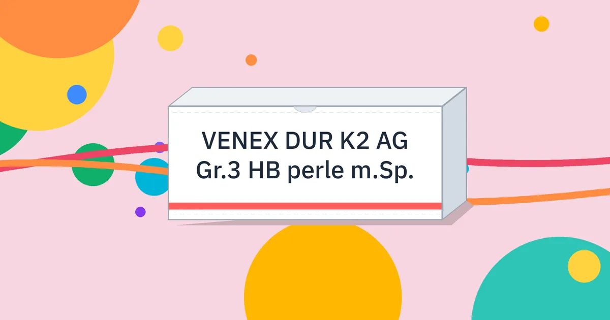 Symbolbild: Packung mit der Aufschrift VENEX DUR K2 AG Gr.3 HB perle m.Sp. (PZN 03218426) – Verfügbarkeit und Bezug in Apotheken in Frankfurt am Main
