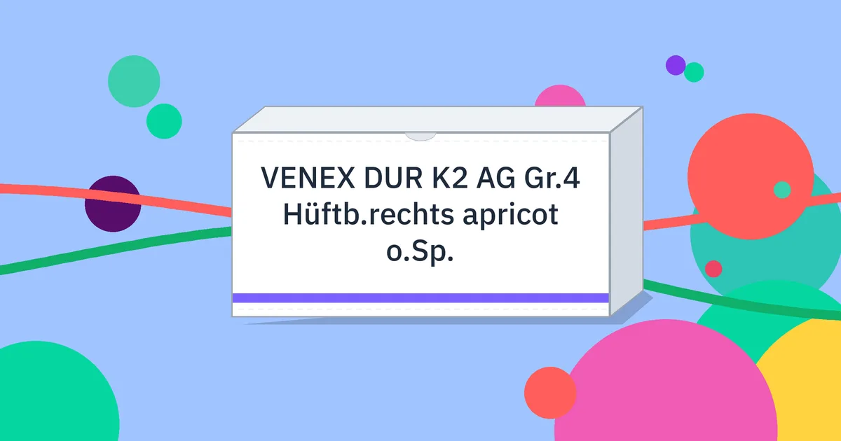 Symbolbild: Packung mit der Aufschrift VENEX DUR K2 AG Gr.4 Hüftb.rechts apricot o.Sp. (PZN 03231591) – Verfügbarkeit und Bezug in Apotheken in Frankfurt am Main