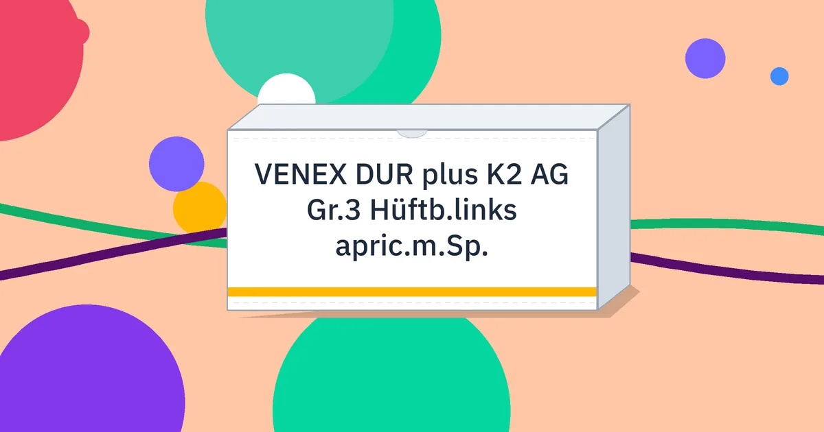 Symbolbild: Packung mit der Aufschrift VENEX DUR plus K2 AG Gr.3 Hüftb.links apric.m.Sp. (PZN 03237642) – Verfügbarkeit und Bezug in Apotheken in Frankfurt am Main