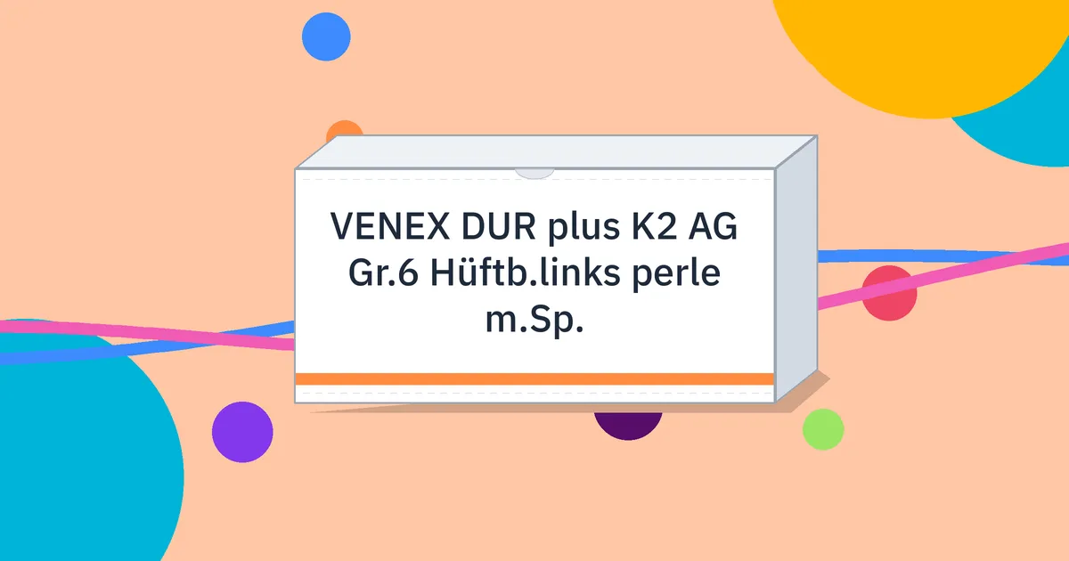 Symbolbild: Packung mit der Aufschrift VENEX DUR plus K2 AG Gr.6 Hüftb.links perle m.Sp. (PZN 03238558) – Verfügbarkeit und Bezug in Apotheken in Frankfurt am Main