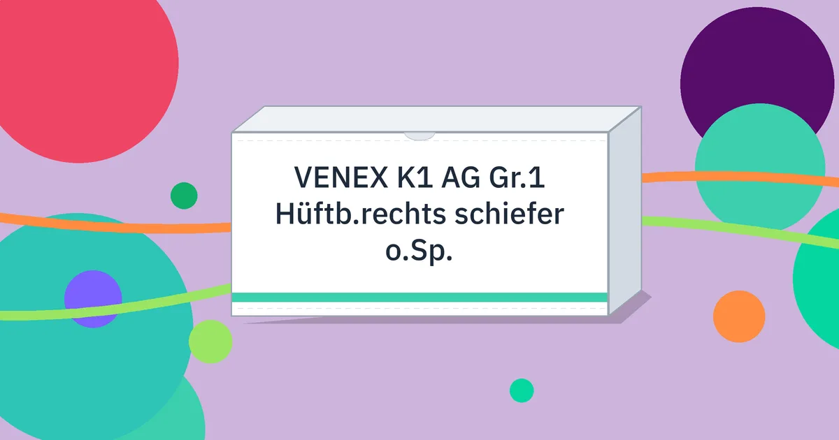 Symbolbild: Packung mit der Aufschrift VENEX K1 AG Gr.1 Hüftb.rechts schiefer o.Sp. (PZN 03207931) – Verfügbarkeit und Bezug in Apotheken in Frankfurt am Main