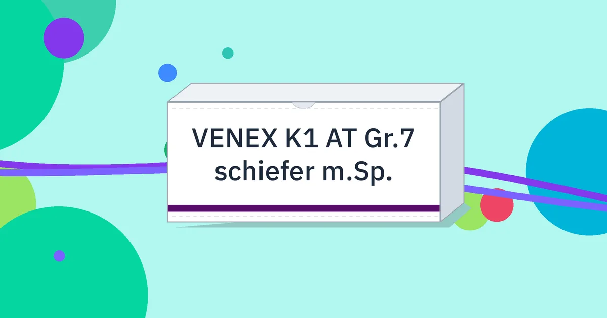 Symbolbild: Packung mit der Aufschrift VENEX K1 AT Gr.7 schiefer m.Sp. (PZN 03196647) – Verfügbarkeit und Bezug in Apotheken in Frankfurt am Main