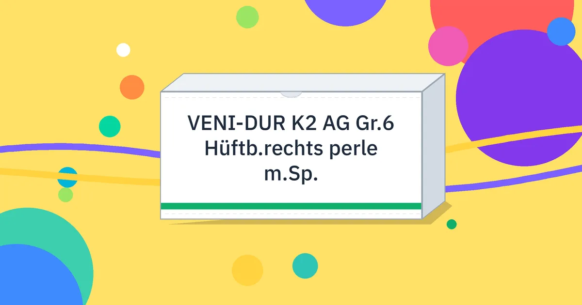 Symbolbild: Packung mit der Aufschrift VENI-DUR K2 AG Gr.6 Hüftb.rechts perle m.Sp. (PZN 03248700) – Verfügbarkeit und Bezug in Apotheken in Frankfurt am Main