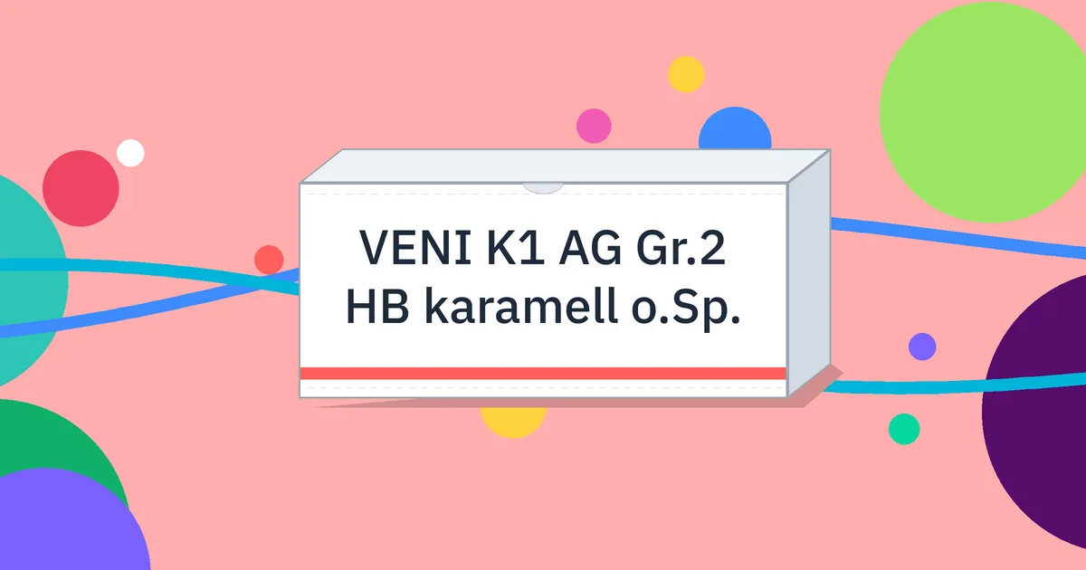 Symbolbild: Packung mit der Aufschrift VENI K1 AG Gr.2 HB karamell o.Sp. (PZN 13756455) – Verfügbarkeit und Bezug in Apotheken in Frankfurt am Main