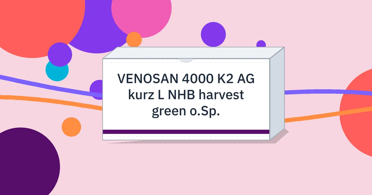 Symbolbild: Packung mit der Aufschrift VENOSAN 4000 K2 AG kurz L NHB harvest green o.Sp. (PZN 18847820) – Verfügbarkeit und Bezug in Apotheken in Frankfurt am Main