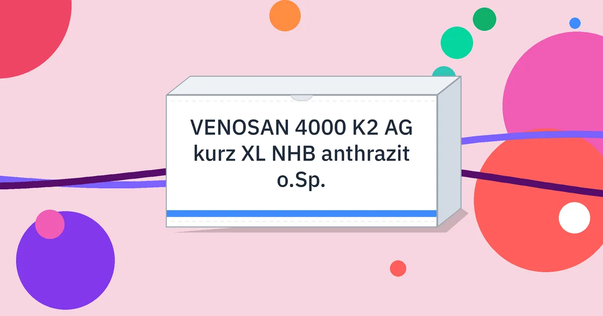 Symbolbild: Packung mit der Aufschrift VENOSAN 4000 K2 AG kurz XL NHB anthrazit o.Sp. (PZN 16601894) – Verfügbarkeit und Bezug in Apotheken in Frankfurt am Main
