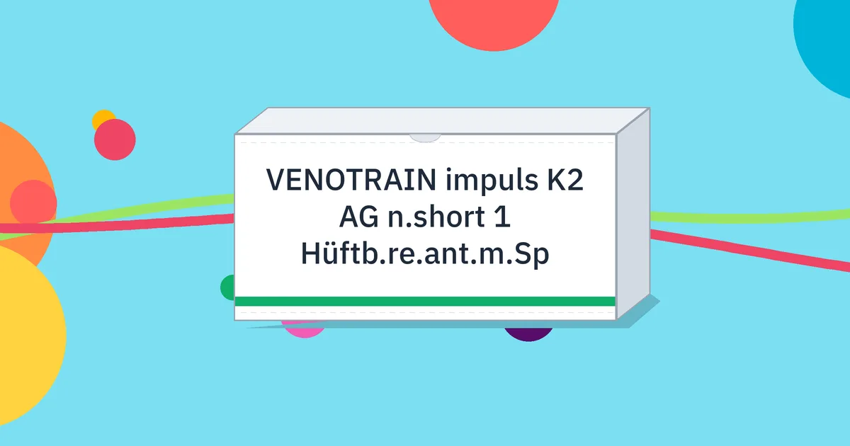 Symbolbild: Packung mit der Aufschrift VENOTRAIN impuls K2 AG n.short 1 Hüftb.re.ant.m.Sp (PZN 15216941) – Verfügbarkeit und Bezug in Apotheken in Frankfurt am Main