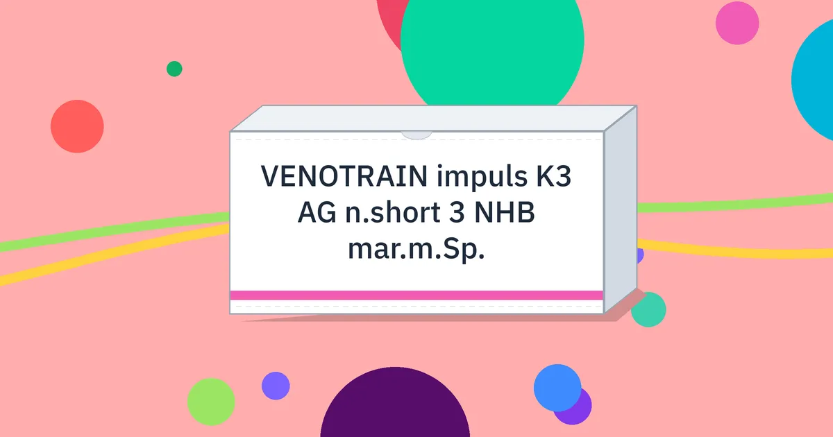 Symbolbild: Packung mit der Aufschrift VENOTRAIN impuls K3 AG n.short 3 NHB mar.m.Sp. (PZN 15215226) – Verfügbarkeit und Bezug in Apotheken in Frankfurt am Main