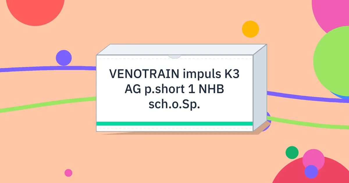 Symbolbild: Packung mit der Aufschrift VENOTRAIN impuls K3 AG p.short 1 NHB sch.o.Sp. (PZN 00541003) – Verfügbarkeit und Bezug in Apotheken in Frankfurt am Main